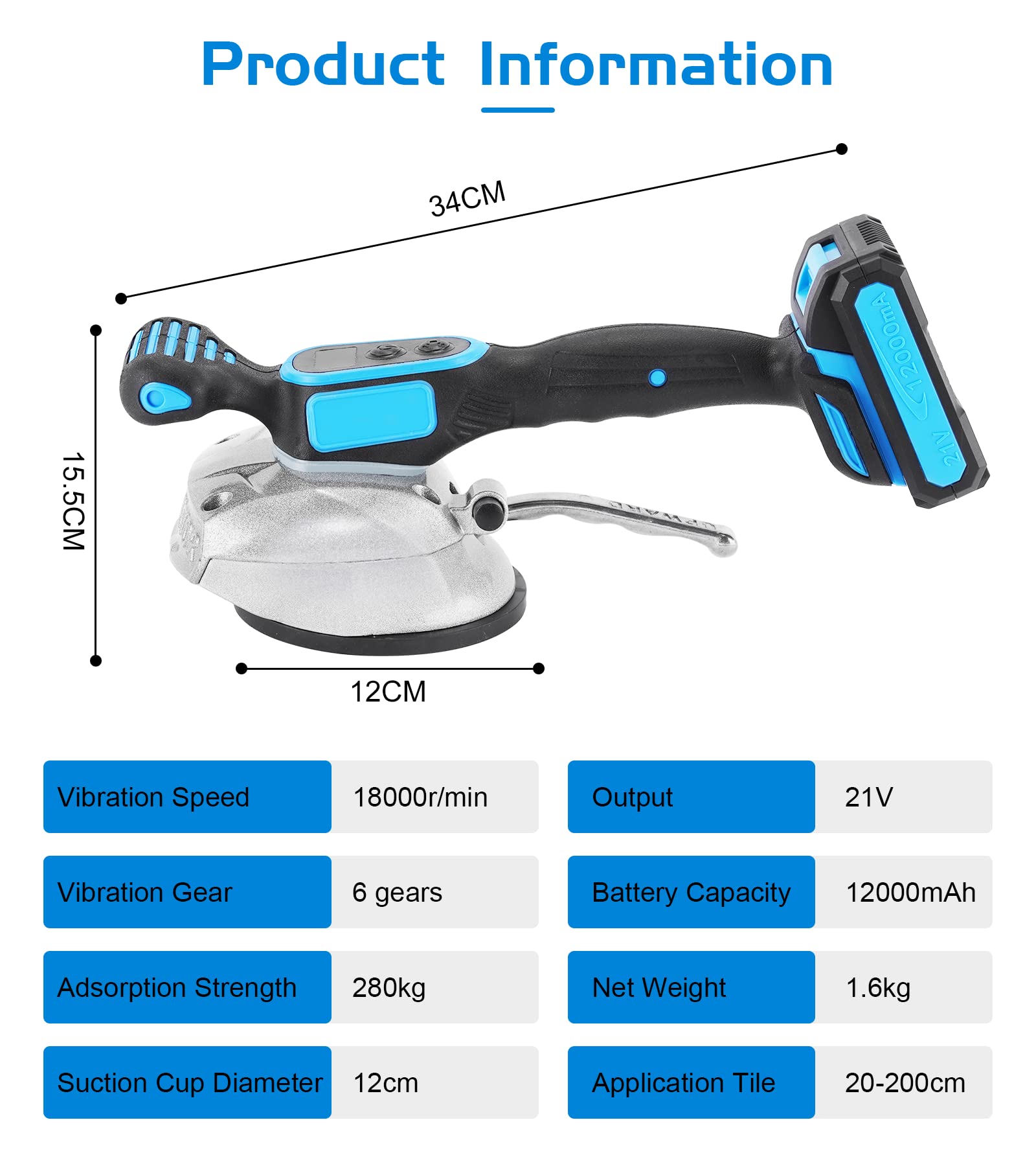 YJINGRUI Tile Vibration Machine, 18000r/min 6 Gears, 21V 12000mA, Hand-held Tile Tiler Tool, Upgrade Digital Display, with 2pcs Li-On Rechargeable Batteries