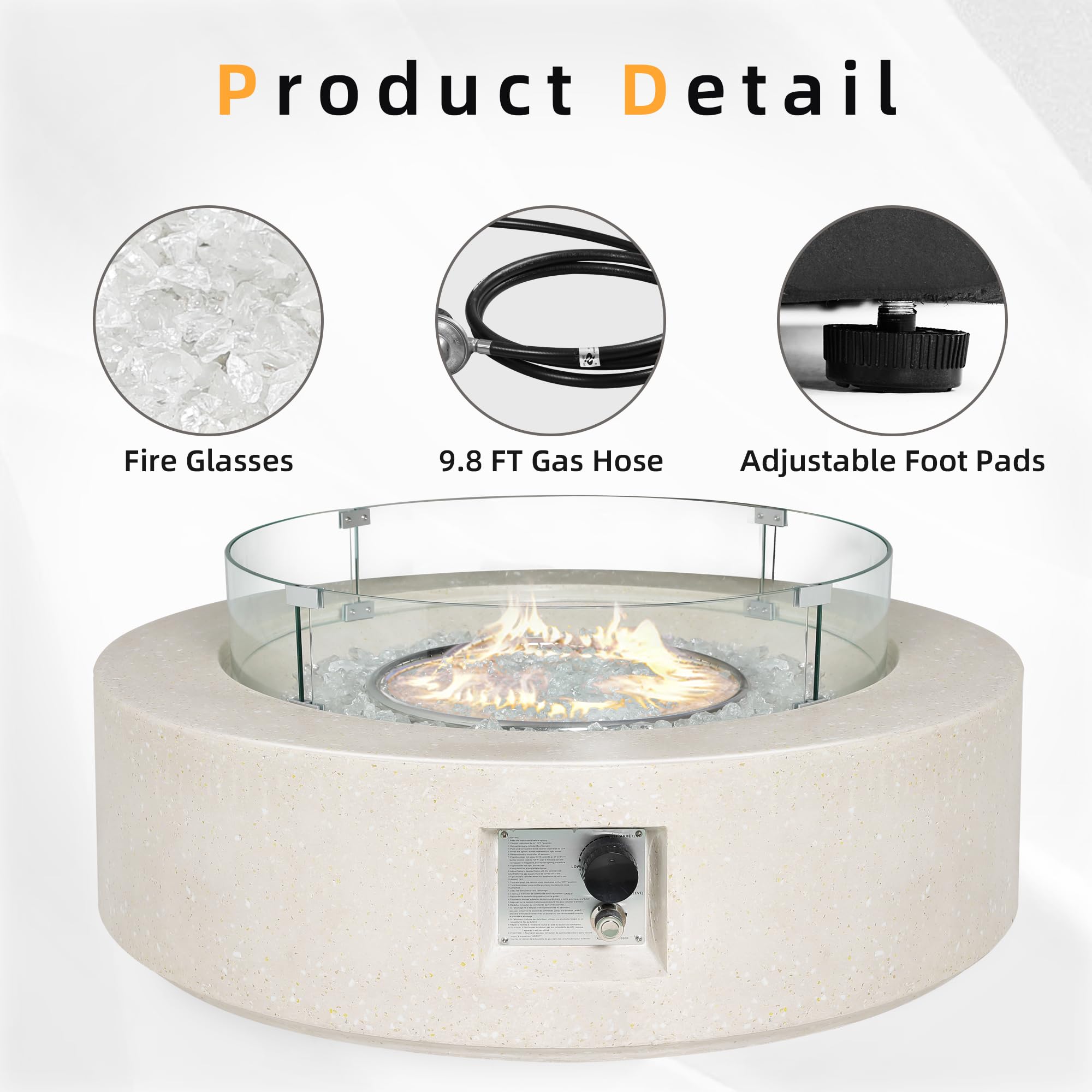 UPHA 42'' Patio Propane Gas Concrete Fire Pit Table,Round with Wind Guard,50000 BTU Auto-Ignition Fire Table, 42''L x 42''W x 13''H, Free Glass Stone,Terrazzo