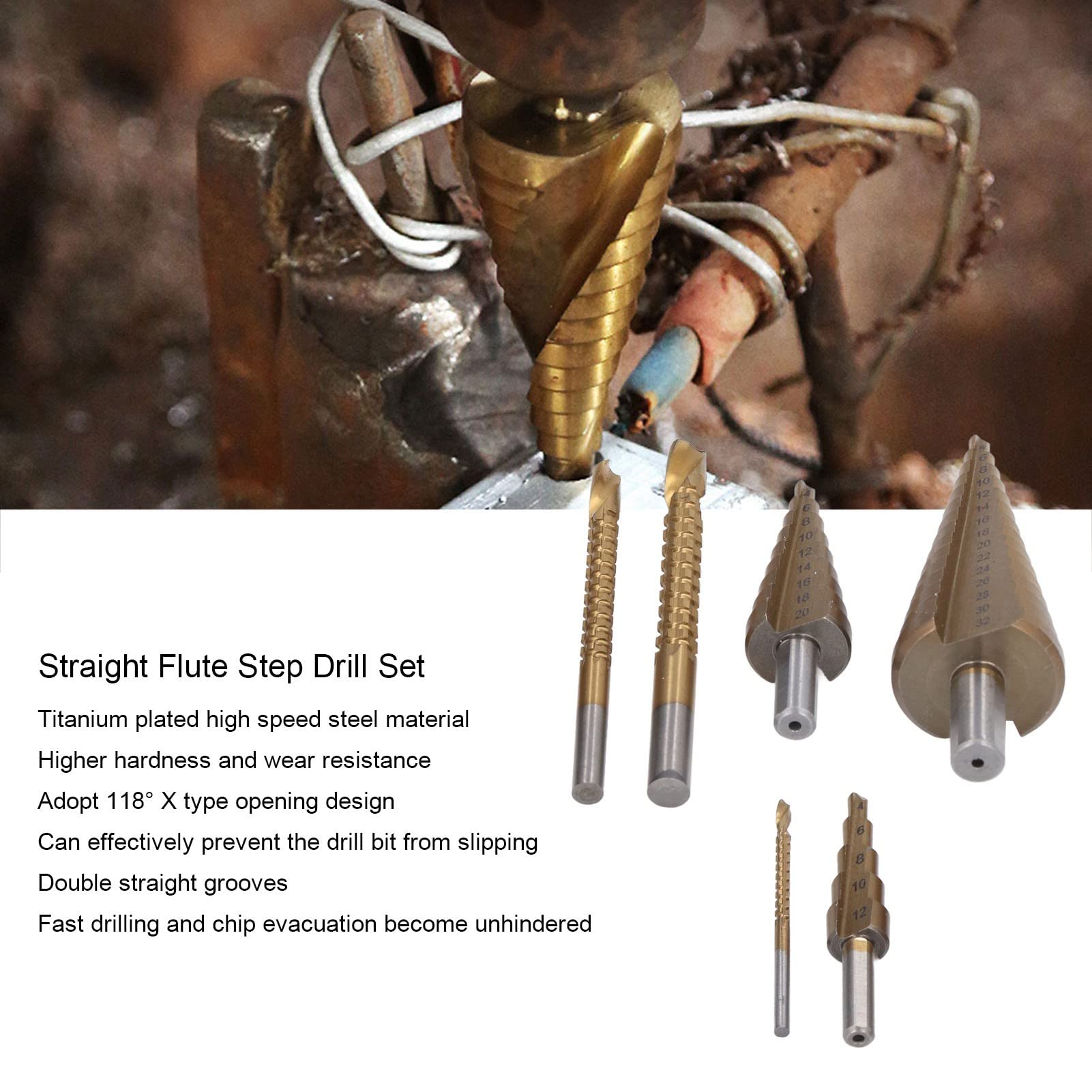 6Pcs HSS Coated Straight Flute Step Drill Bit Wear Resistance Double Cutting Blades Drill Set for DIY