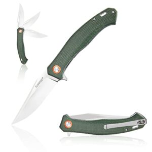 tunafire folding pocket knife, utility pocket knives for men with d2 blade micarta handle, edc tactical knife with clip for outdoor survival hunting (army green)