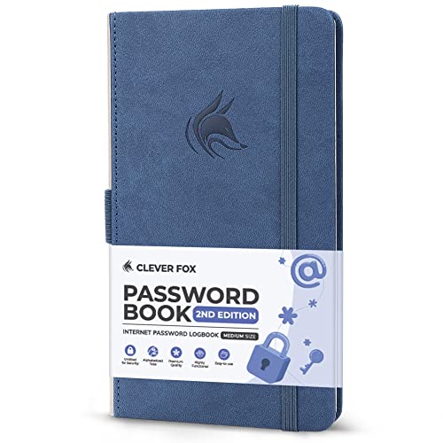 Clever Fox Password Book 2nd Edition – Hardcover Password Keeper with Alphabetical Tabs – Internet Address Notebook & Login Details Organizer Journal – 4.1x7.6” (Smoke Blue)