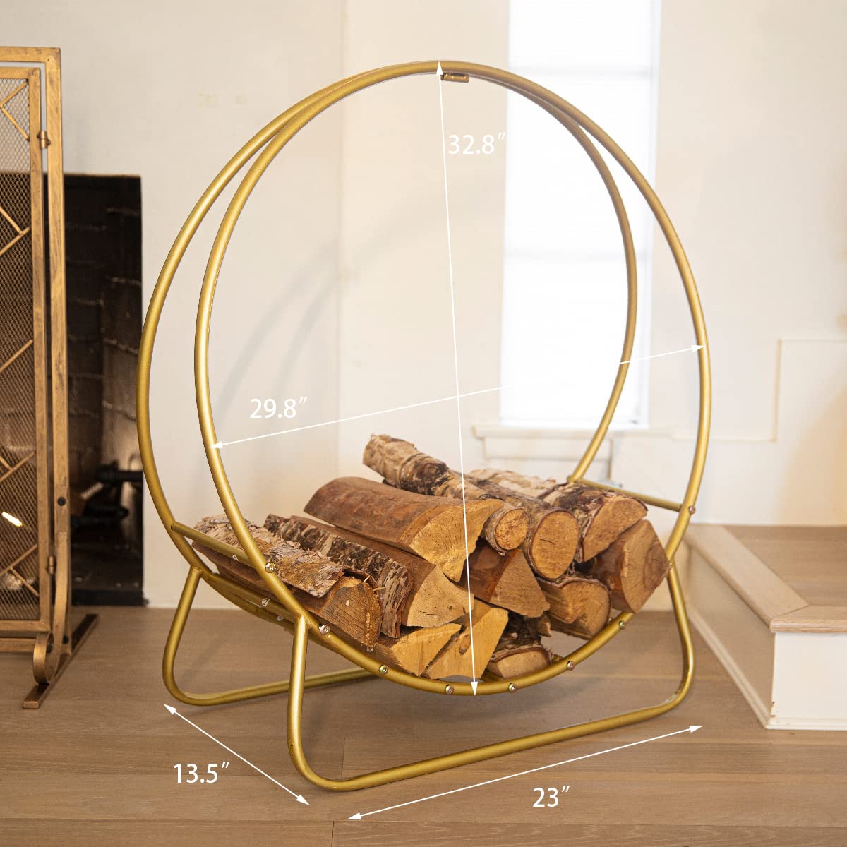 Barton 30" Hoop Log Rack Gold Fireplace Firewood Holder Fire Wood Storage Indoor Outdoor Carrier