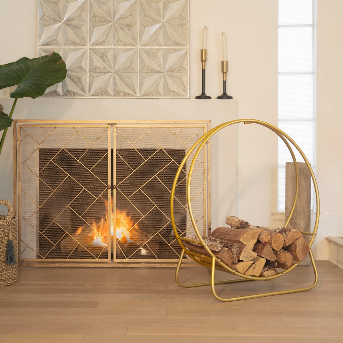 Barton 30" Hoop Log Rack Gold Fireplace Firewood Holder Fire Wood Storage Indoor Outdoor Carrier