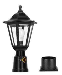 fudesy dusk to dawn sensor outdoor post light, waterproof pole lantern with pier mount base, exterior plastic lamp light fixture, for garden, patio, pathway, fds6163b1ps, black, led bulb included