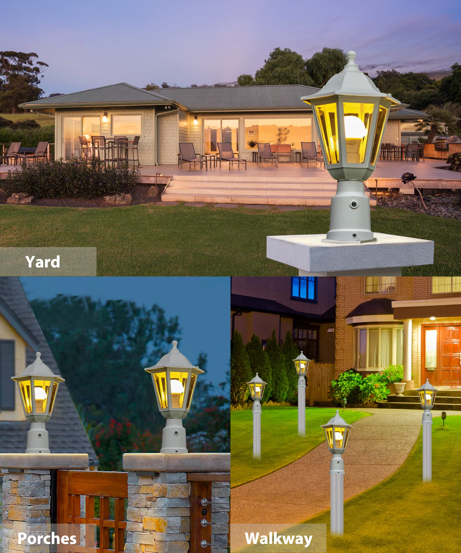 FUDESY Dusk to Dawn Outdoor Post Light, White Modern Exterior Post Lantern with Pier Mount Base, Plastic Waterproof Lamp Light Fixture for Garden Yard Patio Pathway, LED Bulb Included