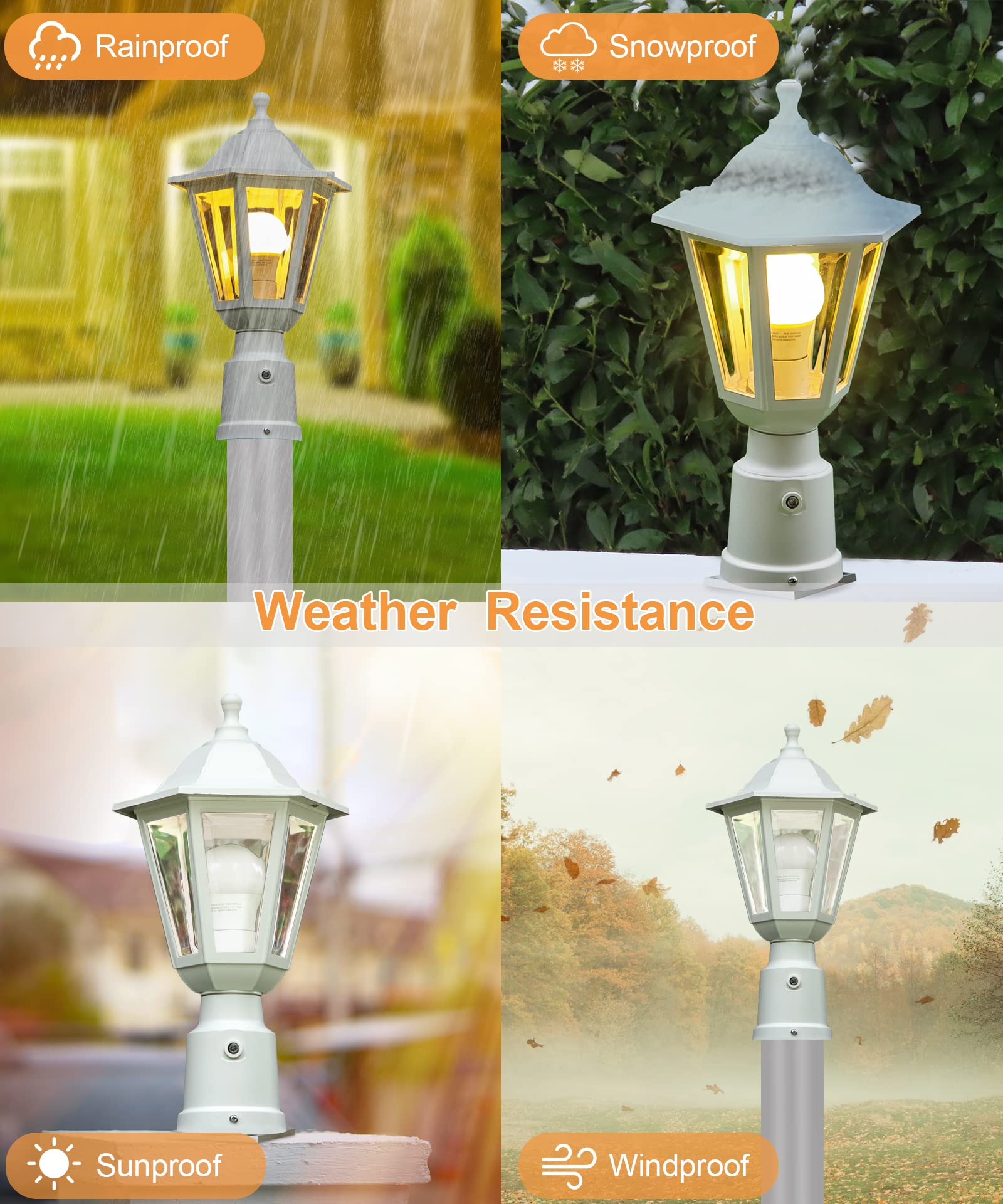 FUDESY Dusk to Dawn Outdoor Post Light, White Modern Exterior Post Lantern with Pier Mount Base, Plastic Waterproof Lamp Light Fixture for Garden Yard Patio Pathway, LED Bulb Included