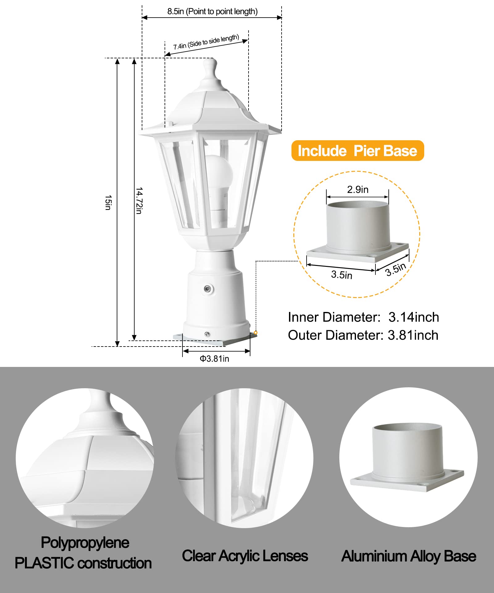 FUDESY Dusk to Dawn Outdoor Post Light, White Modern Exterior Post Lantern with Pier Mount Base, Plastic Waterproof Lamp Light Fixture for Garden Yard Patio Pathway, LED Bulb Included