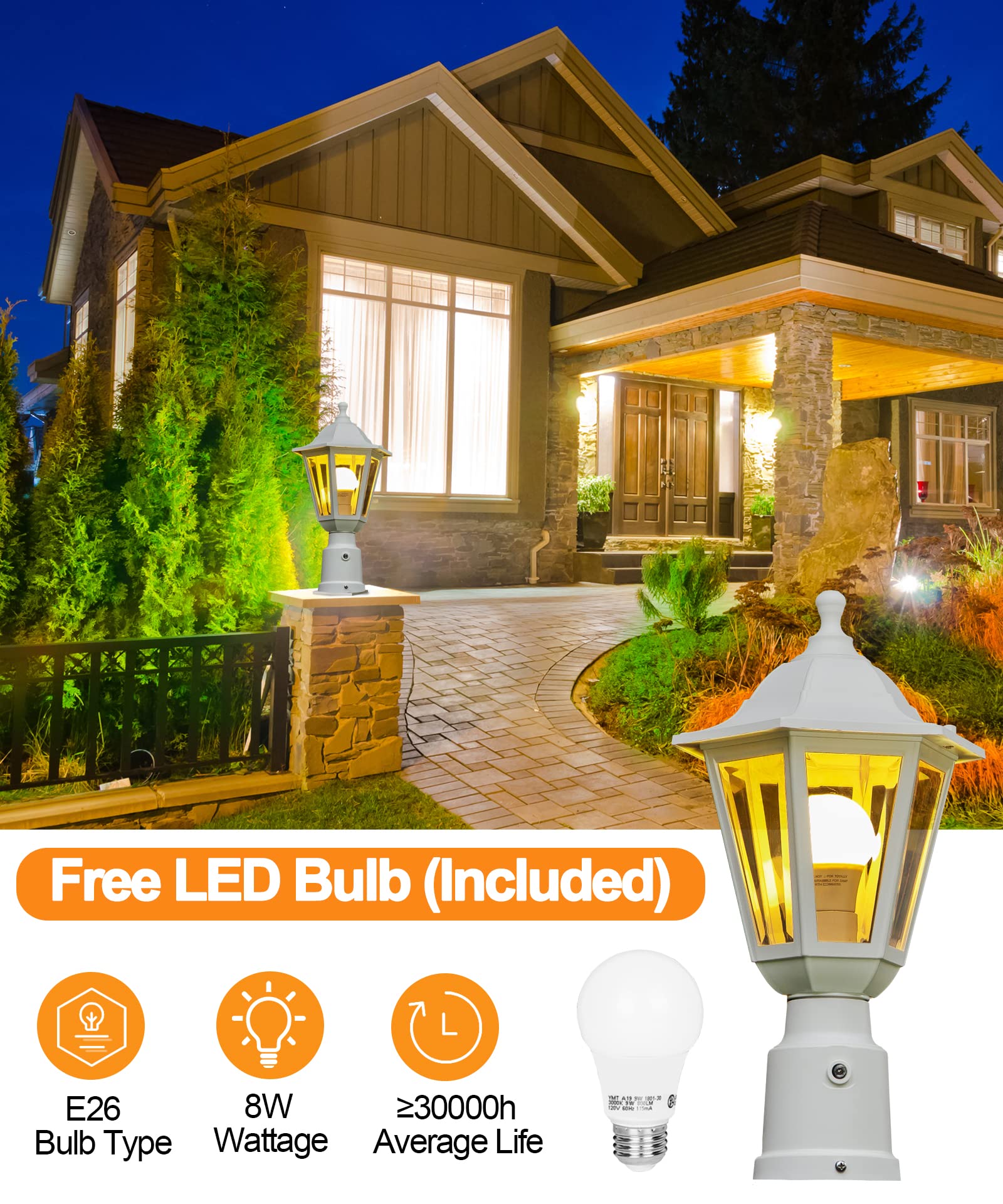 FUDESY Dusk to Dawn Outdoor Post Light, White Modern Exterior Post Lantern with Pier Mount Base, Plastic Waterproof Lamp Light Fixture for Garden Yard Patio Pathway, LED Bulb Included