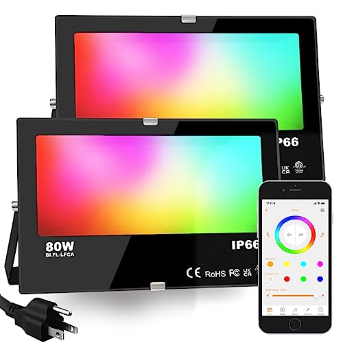 ILC LED Flood Light 80W, 8000LM, Outdoor RGB Color Changing, Smart Floodlights RGBW 2700K Warm White & 16 Million Colors, 20 Modes, Grouping, Timing, IP66 Waterproof (2 Pack)