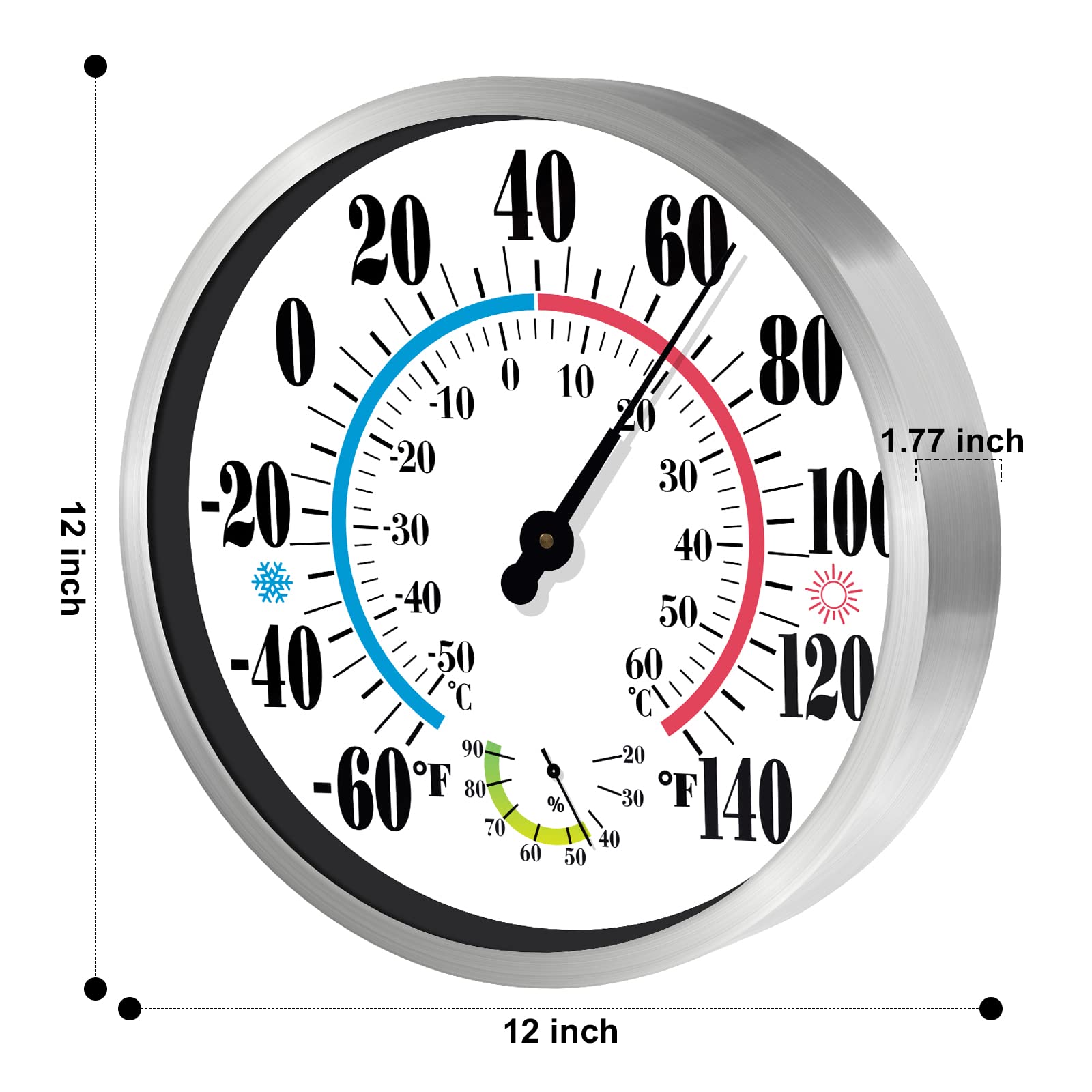 Indoor Outdoor Thermometer - Outdoor Thermometers for Patio Large Numbers 12Inch Weatherproof, Battery Free Auto Calibrate Thermometer Hygrometer with Stainless Steel Enclosure