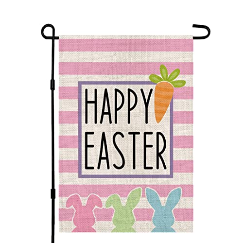 Happy Easter Bunny Garden Flag Double Sided Vertical Burlap 12×18 Inch Rabbit Outdoor Yard Farmhouse Decor DF020