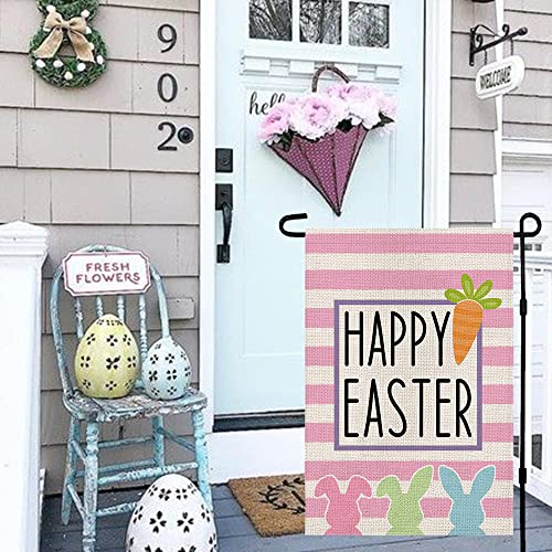 Happy Easter Bunny Garden Flag Double Sided Vertical Burlap 12×18 Inch Rabbit Outdoor Yard Farmhouse Decor DF020