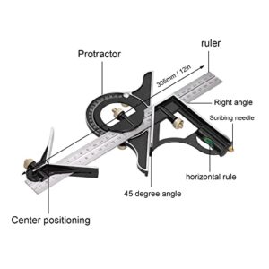 LAJS Stainless Steel T Square Ruler, Adjustable Sliding Combination Square Ruler & Protractor Level Measure Measuring Tool, Combination Square Set, Combo Square Ruler for Woodworking