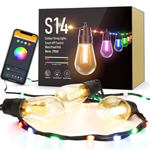 rgb & warm white 50ft smart string lights outdoor with rope fairy, waterproof shatterproof bluetooth app remote control color changing dimmable patio lights for balcony, backyard, party, holiday rgbw