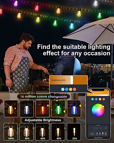 RGB & Warm White 50ft Smart String Lights Outdoor with Rope Fairy, Waterproof Shatterproof Bluetooth APP Remote Control Color Changing Dimmable Patio Lights for Balcony, Backyard, Party, Holiday RGBw