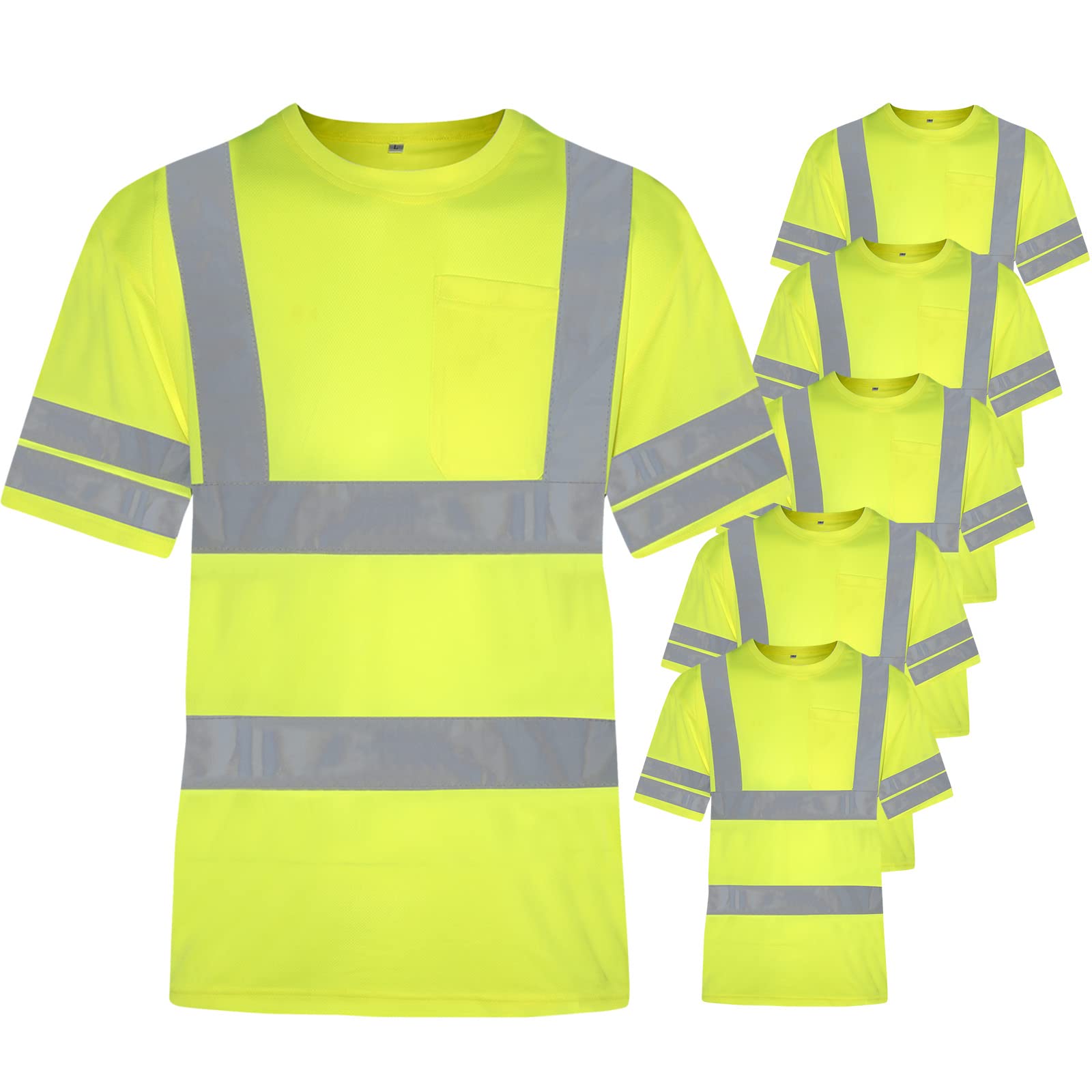 Coume 6 Packs XL Size High Visibility Safety Shirts Reflective T Shirt Yellow Breathable Unisex Safety Workwear