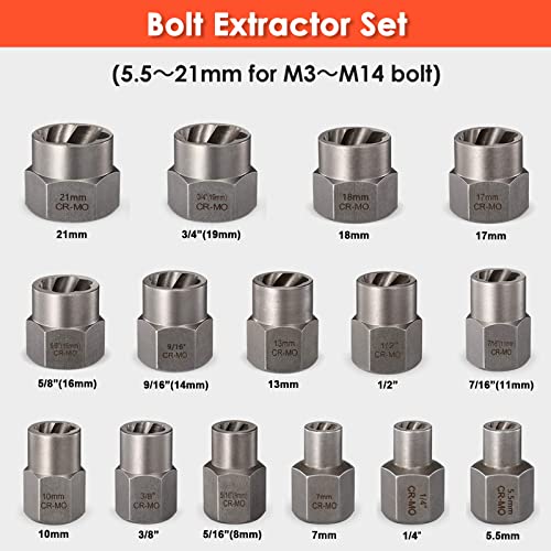 THINKWORK Damaged Screw Extractor Set, 2-21mm, 39-Piece Bolt Extractor Kit, Easy Out Bolt Extractor Set, Impact Bolt & Nut Remover Set for Damaged, Frozen, Rusted, Rounded-Off Bolts, Nuts & Screws