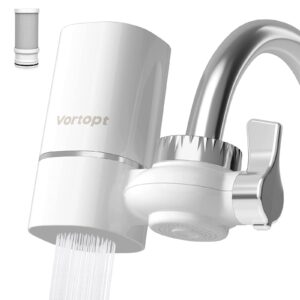 vortopt faucet water filter for sink - nsf certified water purifier for faucet, 400 gallons faucet mount tap water filtration system for kitchen, bathroom, reduces lead, chlorine, bad taste, t1