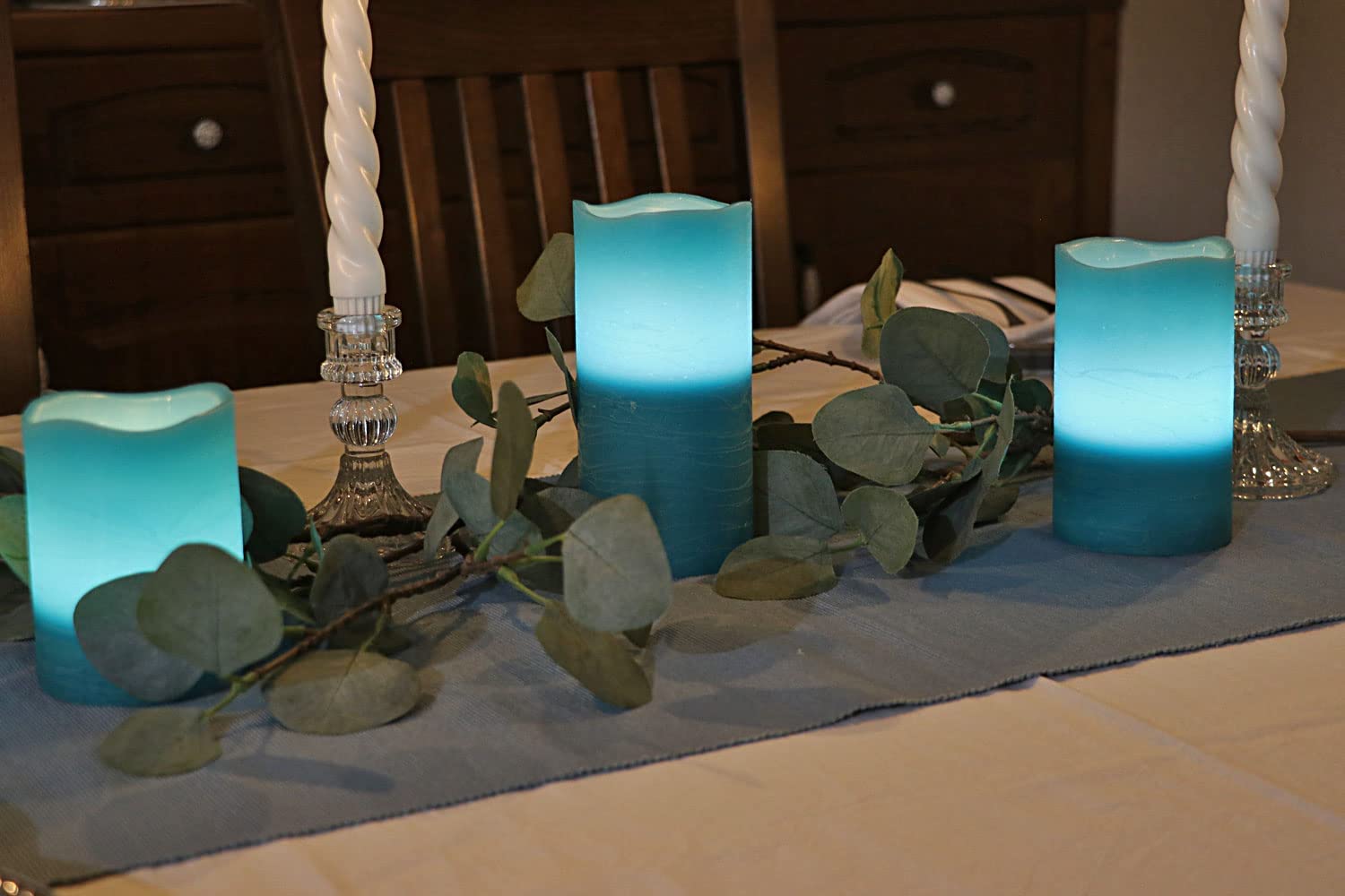 Rhytsing Turquoise Battery Operated Flameless Led Candles with Timer Function for Summer and Weddings, Warm White Light, Real Wax Finish, 6 Batteries Included - Set of 3