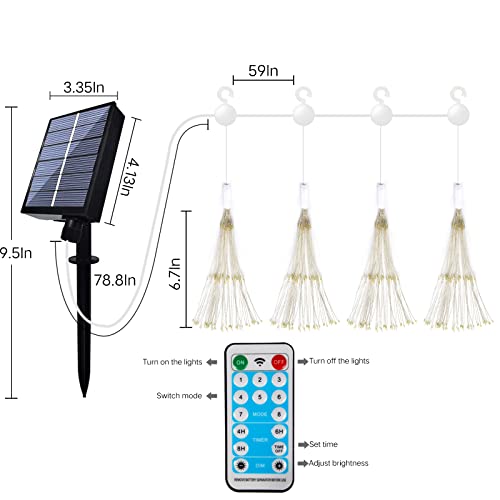 4 Pack Hanging Solar Firework Lights 480 LED Starburst Lights Outdoor Waterproof Copper Wire Lights 8 Modes Remote Control Fairy Lights Decorative for Garden Tree, Eave, Patio, Gazebo (Warm)