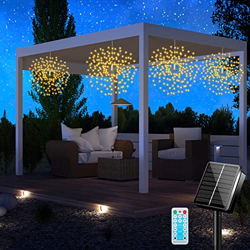 4 Pack Hanging Solar Firework Lights 480 LED Starburst Lights Outdoor Waterproof Copper Wire Lights 8 Modes Remote Control Fairy Lights Decorative for Garden Tree, Eave, Patio, Gazebo (Warm)