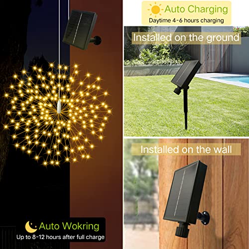 4 Pack Hanging Solar Firework Lights 480 LED Starburst Lights Outdoor Waterproof Copper Wire Lights 8 Modes Remote Control Fairy Lights Decorative for Garden Tree, Eave, Patio, Gazebo (Warm)