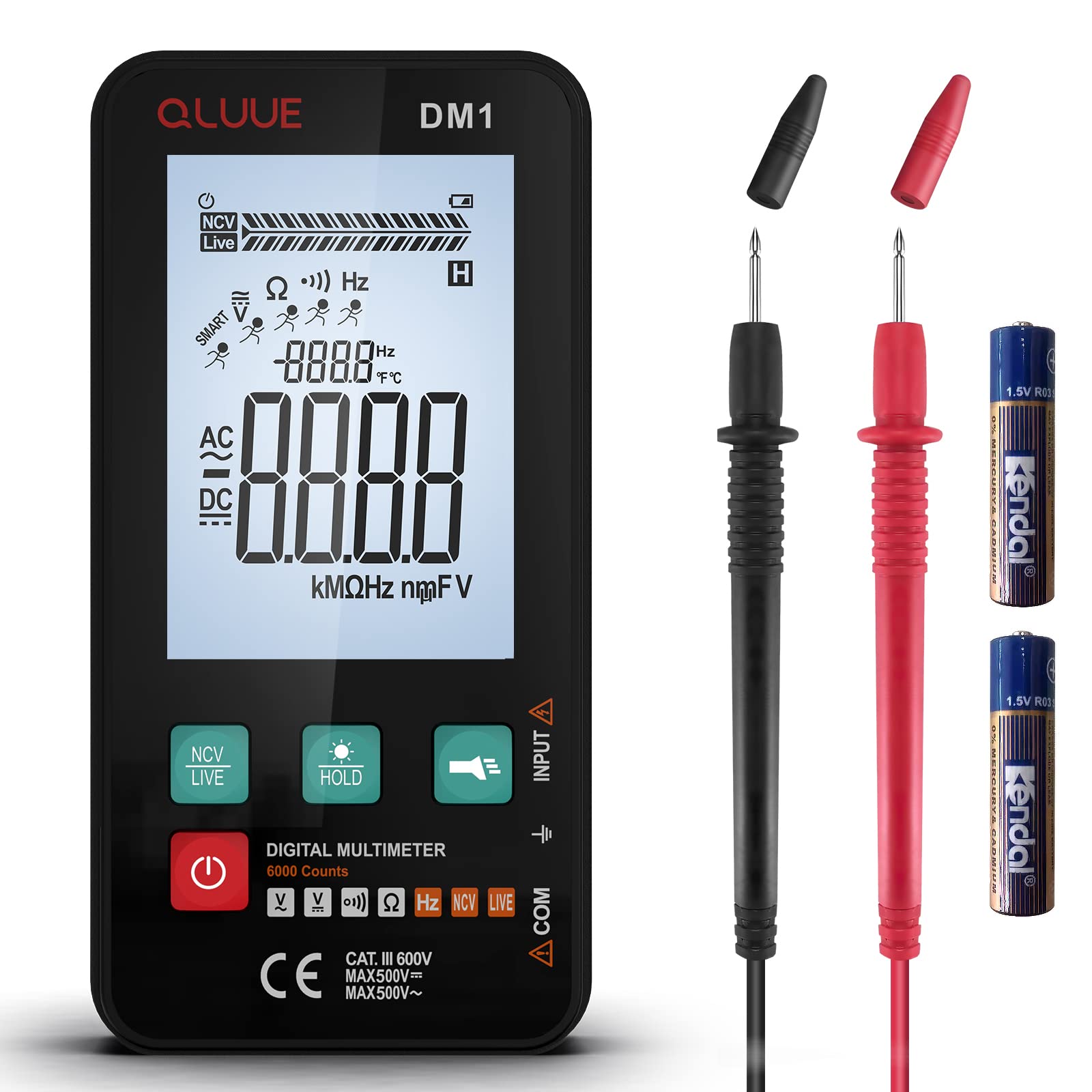 QLUUE Digital Multimeter, 5999 Counts Multimeter with Smart Mode, NCV Test, DC/AC Voltmeter Tests Voltage, Resistance, Frequency, Continuity and Live Cables, Multi Tester for Household, Automotive