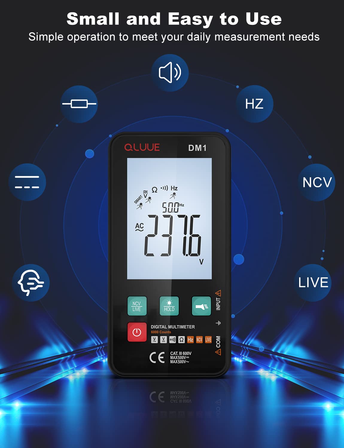 QLUUE Digital Multimeter, 5999 Counts Multimeter with Smart Mode, NCV Test, DC/AC Voltmeter Tests Voltage, Resistance, Frequency, Continuity and Live Cables, Multi Tester for Household, Automotive