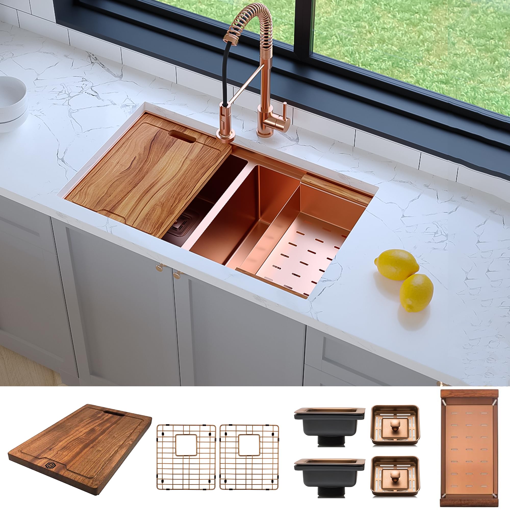 Strictly Sinks 32” Undermount Workstation Copper Kitchen Sink– 16 Gauge Double Bowl Kitchen Sink with Bottom, Grid Wooden Cutting Board, Colander and Two Strainer Square Drains