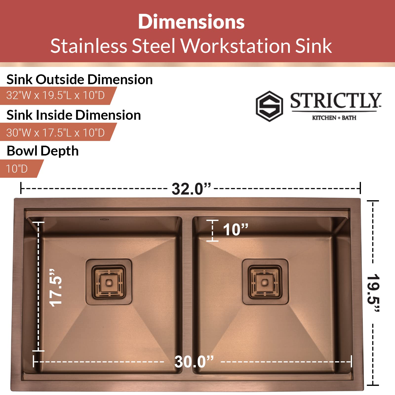 Strictly Sinks 32” Undermount Workstation Copper Kitchen Sink– 16 Gauge Double Bowl Kitchen Sink with Bottom, Grid Wooden Cutting Board, Colander and Two Strainer Square Drains