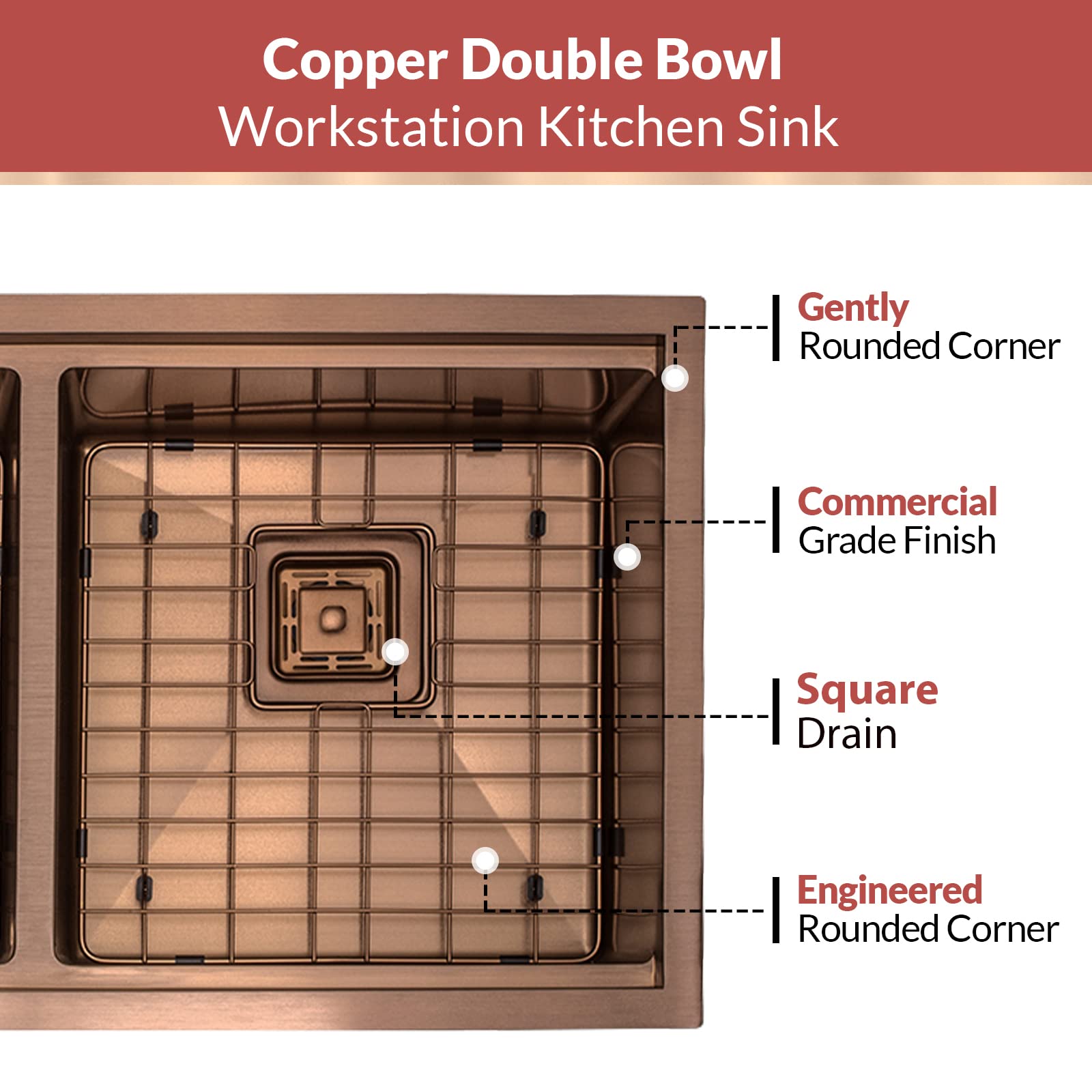 Strictly Sinks 32” Undermount Workstation Copper Kitchen Sink– 16 Gauge Double Bowl Kitchen Sink with Bottom, Grid Wooden Cutting Board, Colander and Two Strainer Square Drains