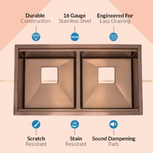 Strictly Sinks 32” Undermount Workstation Copper Kitchen Sink– 16 Gauge Double Bowl Kitchen Sink with Bottom, Grid Wooden Cutting Board, Colander and Two Strainer Square Drains