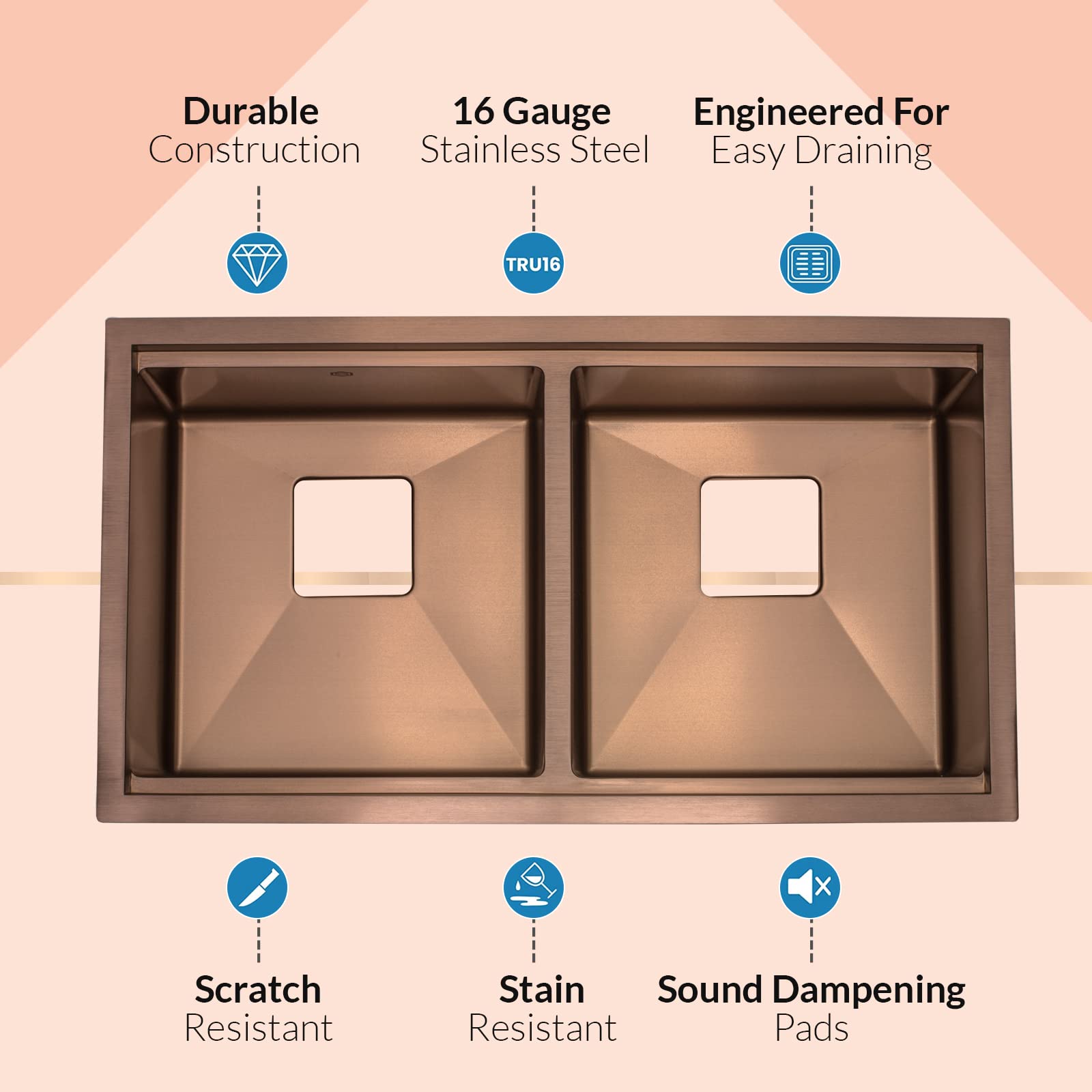 Strictly Sinks 32” Undermount Workstation Copper Kitchen Sink– 16 Gauge Double Bowl Kitchen Sink with Bottom, Grid Wooden Cutting Board, Colander and Two Strainer Square Drains