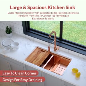 Strictly Sinks 32” Undermount Workstation Copper Kitchen Sink– 16 Gauge Double Bowl Kitchen Sink with Bottom, Grid Wooden Cutting Board, Colander and Two Strainer Square Drains