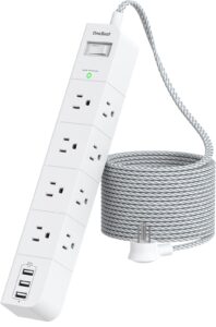 10 ft extension cord, power strip surge protector - 8 widely ac outlets 3 usb, flat plug, desktop charging station with overload protection, wall mount for home, office, travel, computer etl listed