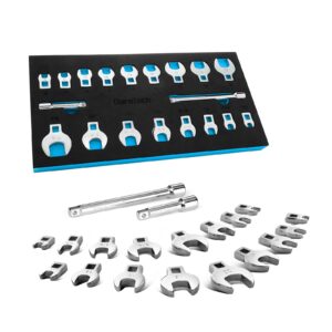 duratech 3/8" drive crowfoot wrench set with 2 extension bars, sae & metric, 19-piece, 10-22mm & 3/8"-7/8", cr-v steel, with eva foam tool organizer