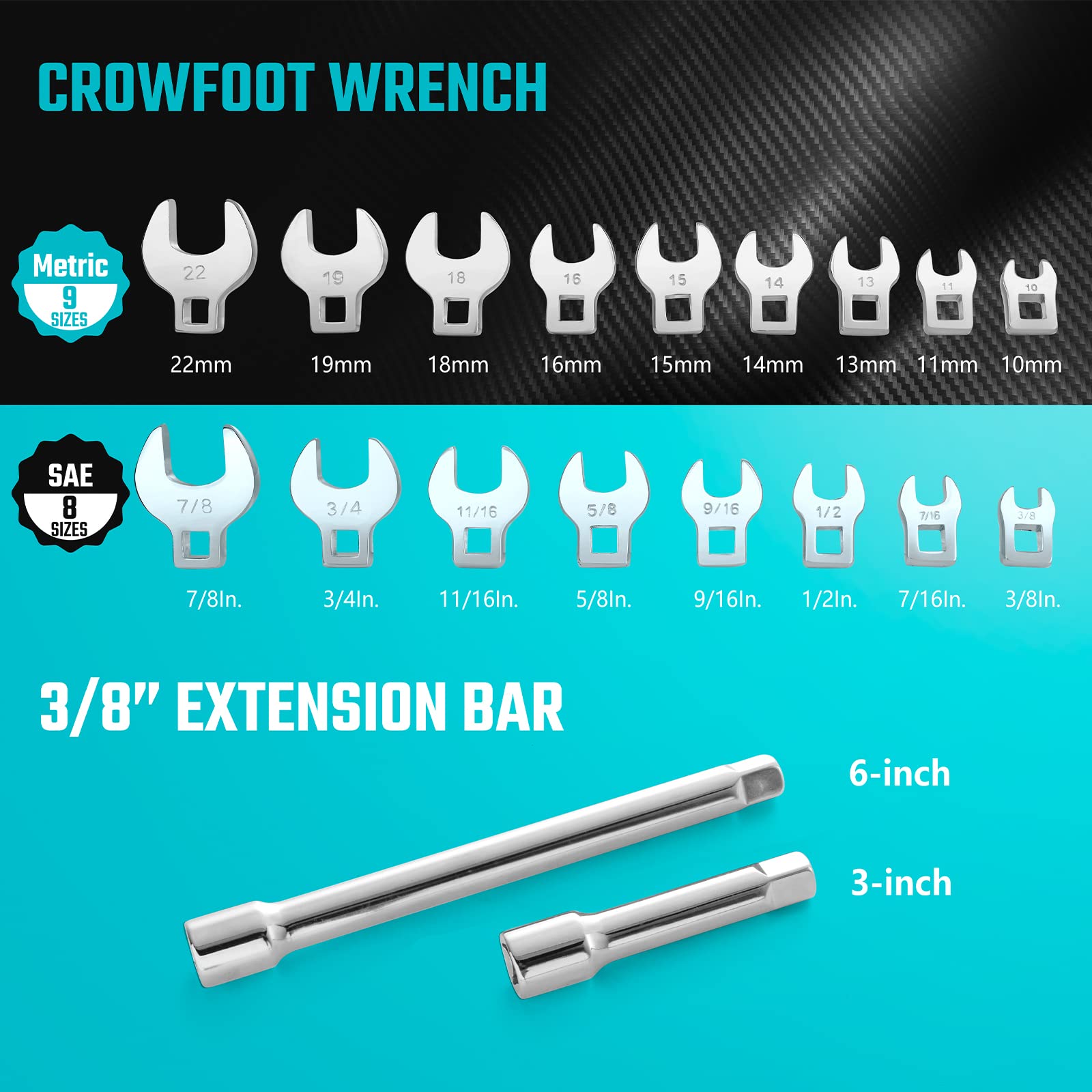 DURATECH 3/8" Drive Crowfoot Wrench Set with 2 Extension Bars, SAE & Metric, 19-Piece, 10-22mm & 3/8"-7/8", CR-V Steel, with EVA Foam Tool Organizer