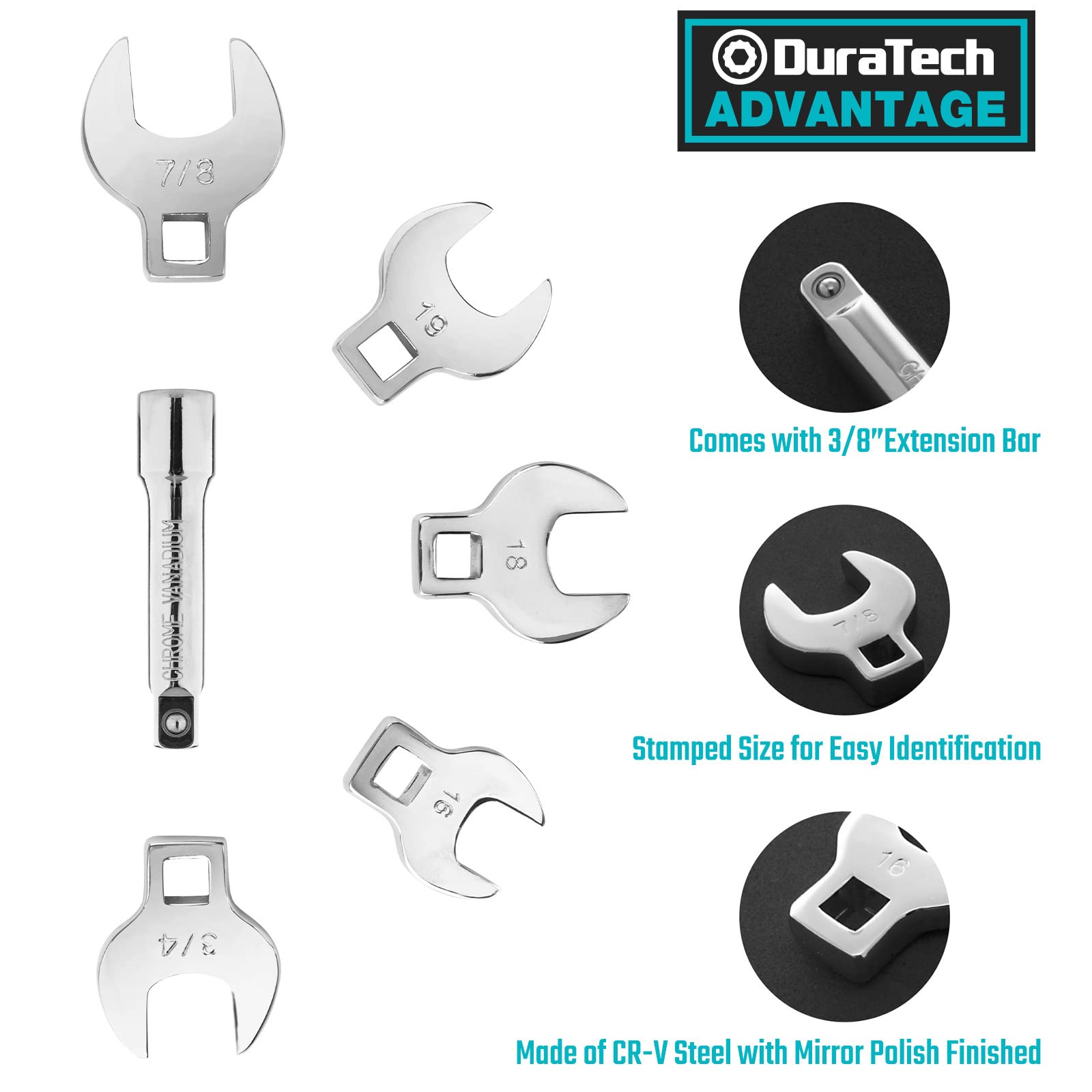 DURATECH 3/8" Drive Crowfoot Wrench Set with 2 Extension Bars, SAE & Metric, 19-Piece, 10-22mm & 3/8"-7/8", CR-V Steel, with EVA Foam Tool Organizer