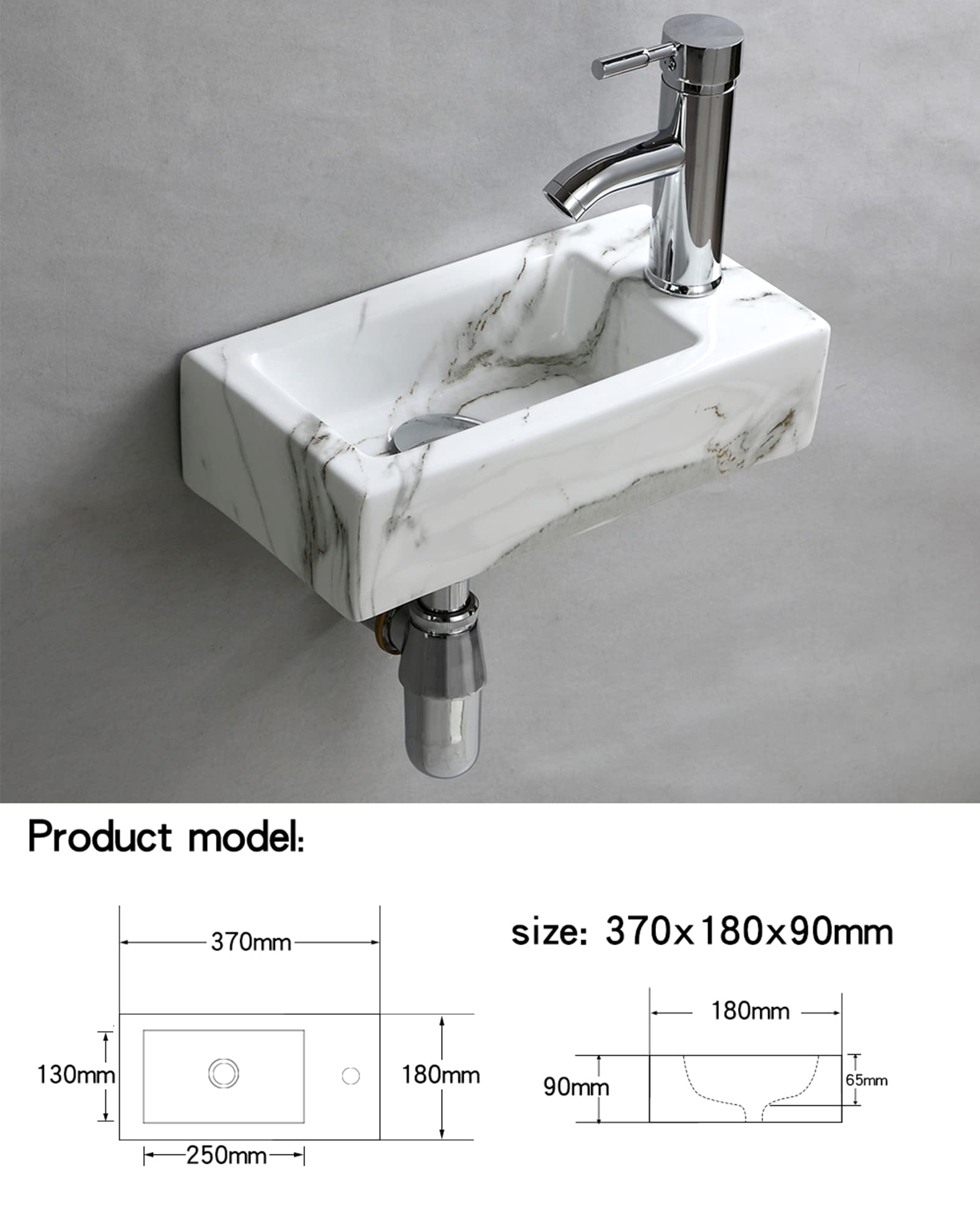 Marble Wall Hung Basin Sink Small Bathroom Sink Rectangle Ceramic Wash Basin (Right hand)…