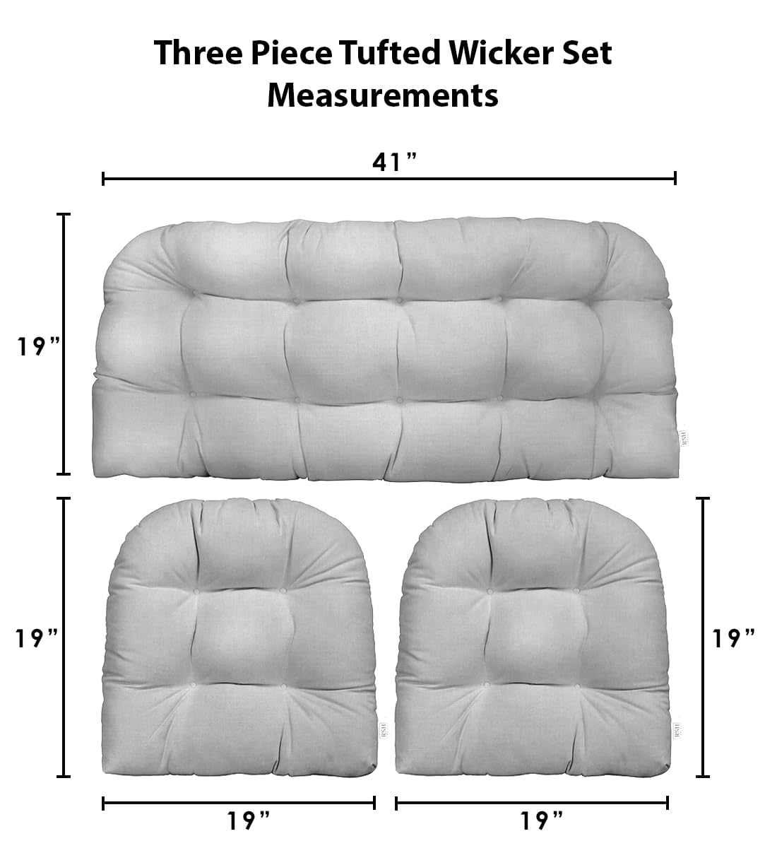 RSH DECOR Indoor Outdoor 3 Piece Tufted Wicker Settee and Chair Cushion Set, All Weather, Water & Fade Resistant Polyester Fabric, 1 Loveseat Cushion 41”x19” & 2 U-Shape Chair Cushion 19”x19”