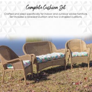 RSH DECOR Indoor Outdoor 3 Piece Tufted Wicker Settee and Chair Cushion Set, All Weather, Water & Fade Resistant Polyester Fabric, 1 Loveseat Cushion 41”x19” & 2 U-Shape Chair Cushion 19”x19”