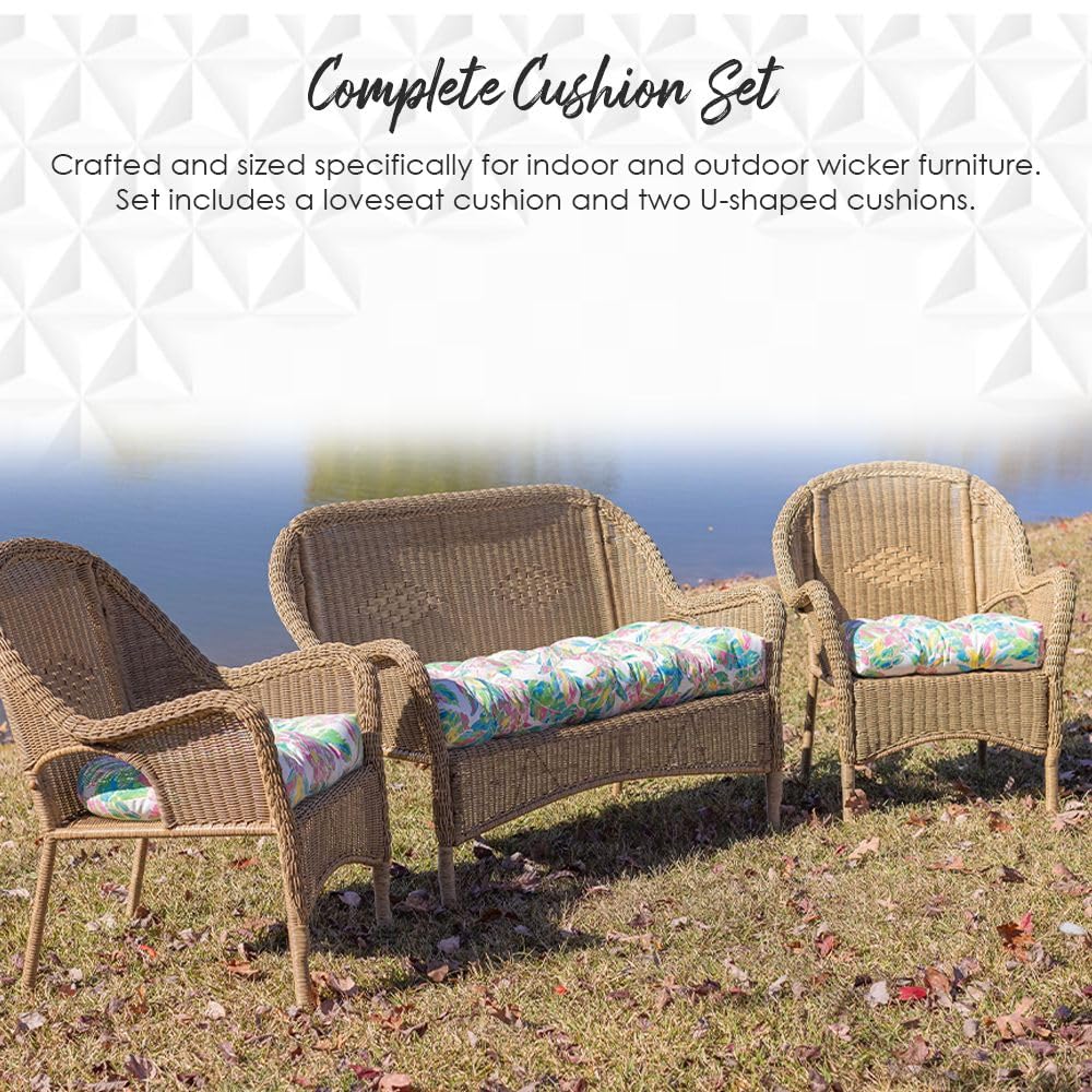 RSH DECOR Indoor Outdoor 3 Piece Tufted Wicker Settee and Chair Cushion Set, All Weather, Water & Fade Resistant Polyester Fabric, 1 Loveseat Cushion 41”x19” & 2 U-Shape Chair Cushion 19”x19”