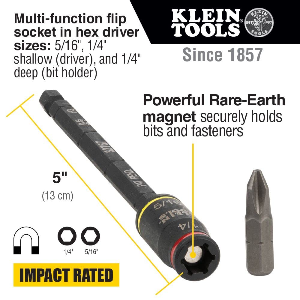 Klein Tools 32768 Impact Driver, 3-in-1 Impact Flip Socket, 1/4 Nut Driver and 5/16 Nut Driver Hex Sizes, 3 and 5-Inch Lengths, 2-Piece Set