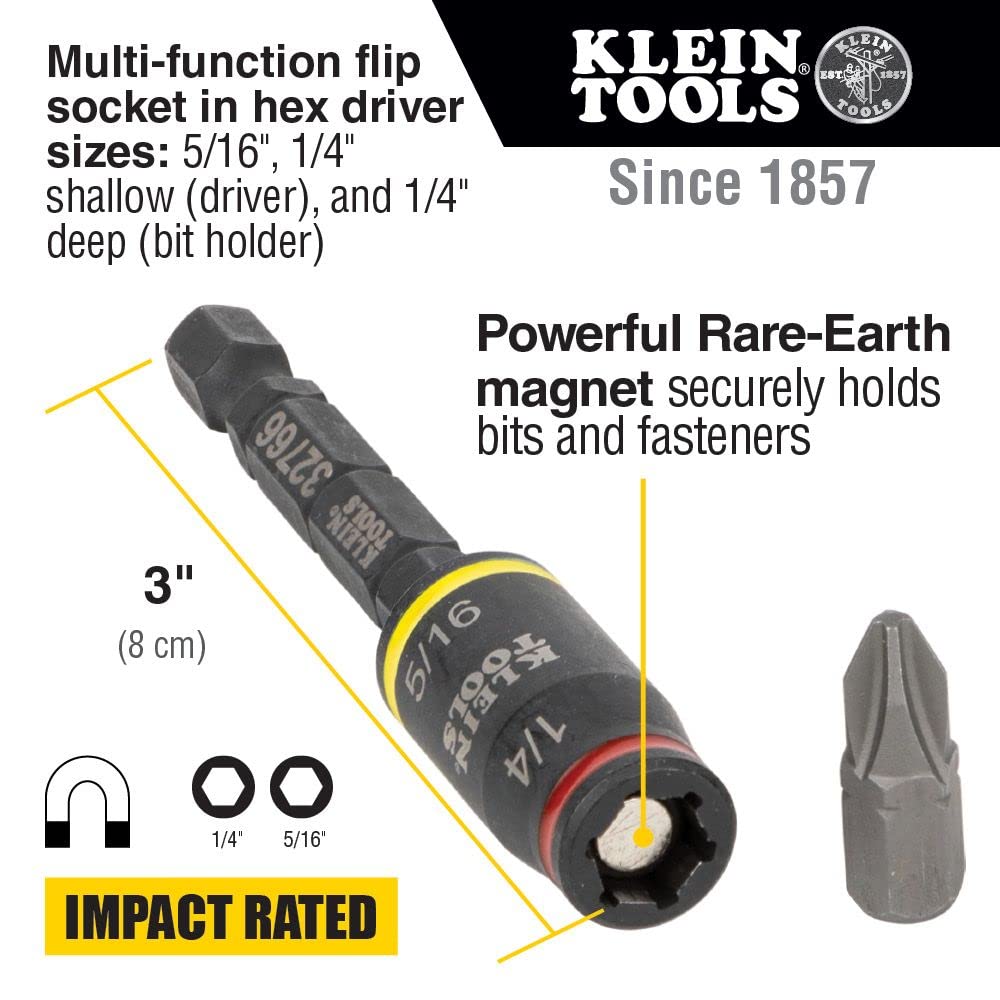 Klein Tools 32768 Impact Driver, 3-in-1 Impact Flip Socket, 1/4 Nut Driver and 5/16 Nut Driver Hex Sizes, 3 and 5-Inch Lengths, 2-Piece Set