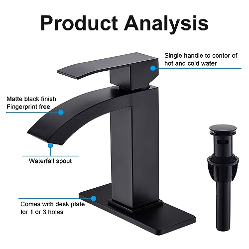 FROPO Black Bathroom Sink Faucet - Waterfall Bathroom Faucets Single Handle Lavatory Faucet with Pop-up Drain, 1 or 3 Hole Black Vanity Sink Faucet