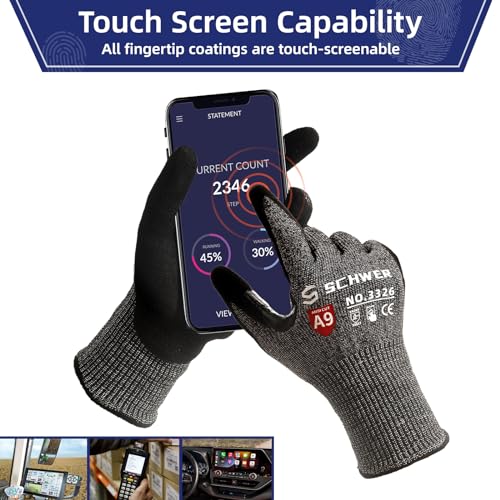 Schwer Highest Level Cut Resistant Work Gloves for Extreme Protection, ANSI A9 Working Gloves with Sandy Nitrile Coated, Touch-screen Compatible, Durable, Machine Washable, Black 1 Pair（L）