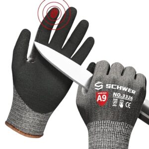 schwer highest level cut resistant work gloves for extreme protection, ansi a9 working gloves with sandy nitrile coated, touch-screen compatible, durable, machine washable, black 1 pair（l）