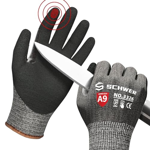 Schwer Highest Level Cut Resistant Work Gloves for Extreme Protection, ANSI A9 Working Gloves with Sandy Nitrile Coated, Touch-screen Compatible, Durable, Machine Washable, Black 1 Pair（L）