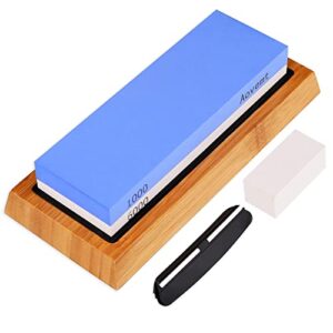 aovemt knife sharpening stone, premium knife sharpening kit, 2 side grit 1000/6000 whetstone, wet stone, nonslip base, angle guide and flattening stone