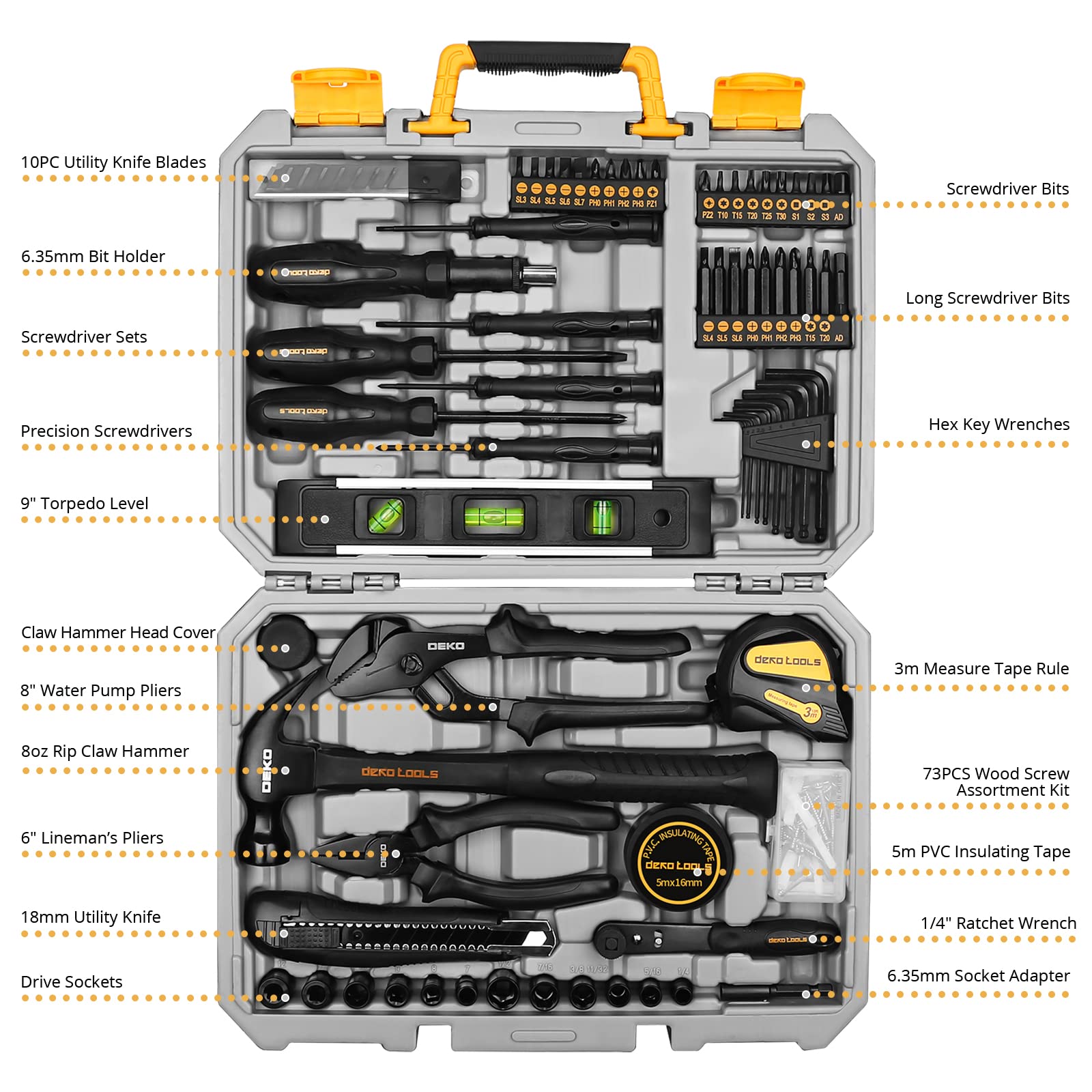 DEKOPRO 150 Piece Tool Set, General Household Hand Tool Kit, Home Repair Tool Kit with Plastic Toolbox Storage Case for DIY Project, Home Maintenance